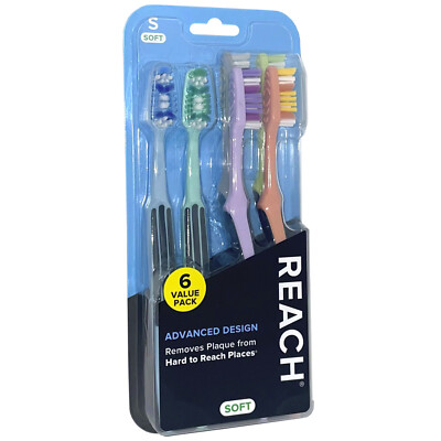 REACH 6-PACK ADVANCED DESIGN TOOTHBRUSHES SOFT BRISTLES for Hard to ...