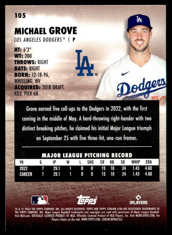 Michael Grove 2023 Stadium Club Rookie RC Card #105 Los Angeles Dodgers ...