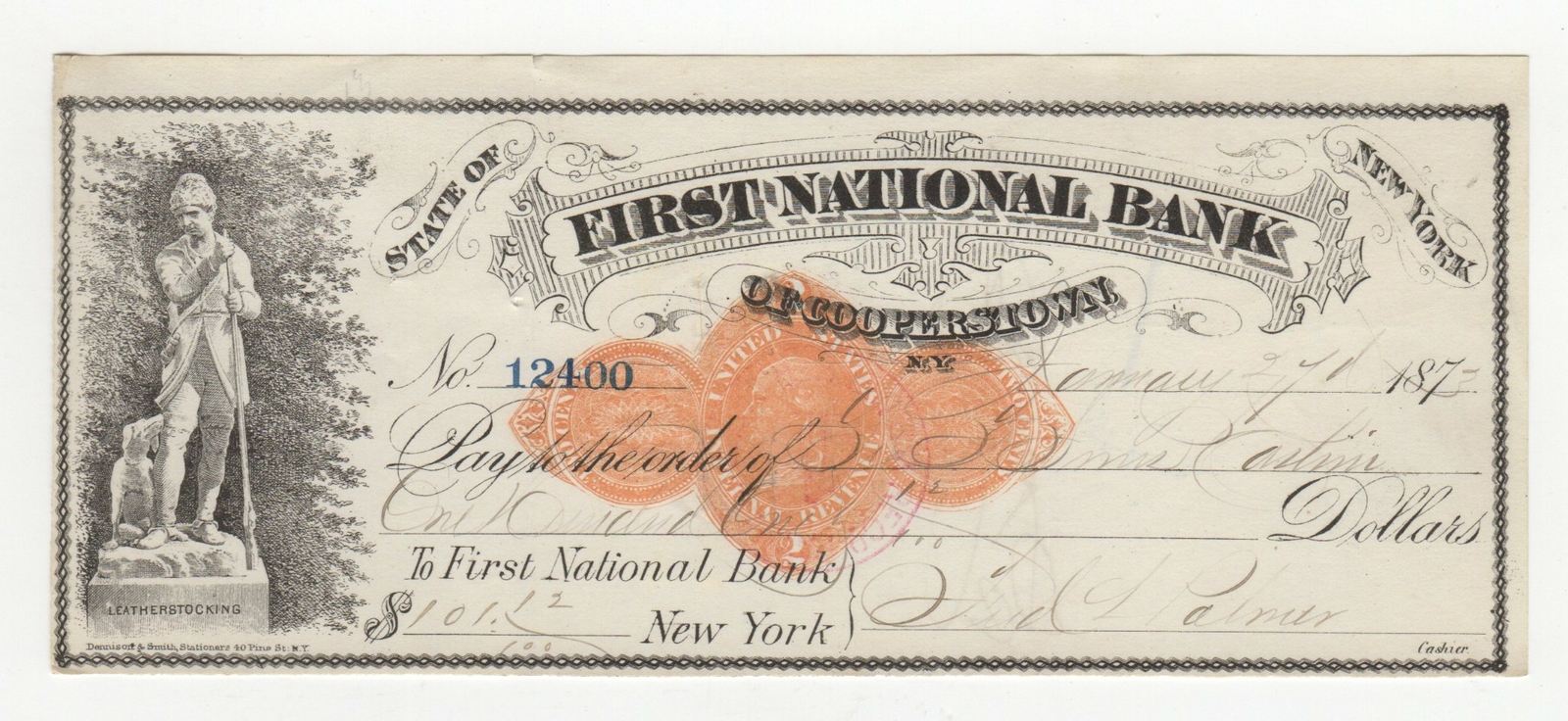 1873 First National Bank of Cooperstown Check | eBay