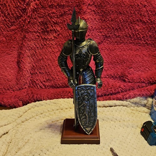 Antique Knight Armor Figurine Silver Red Metal Shield Spear Wooden Base ...