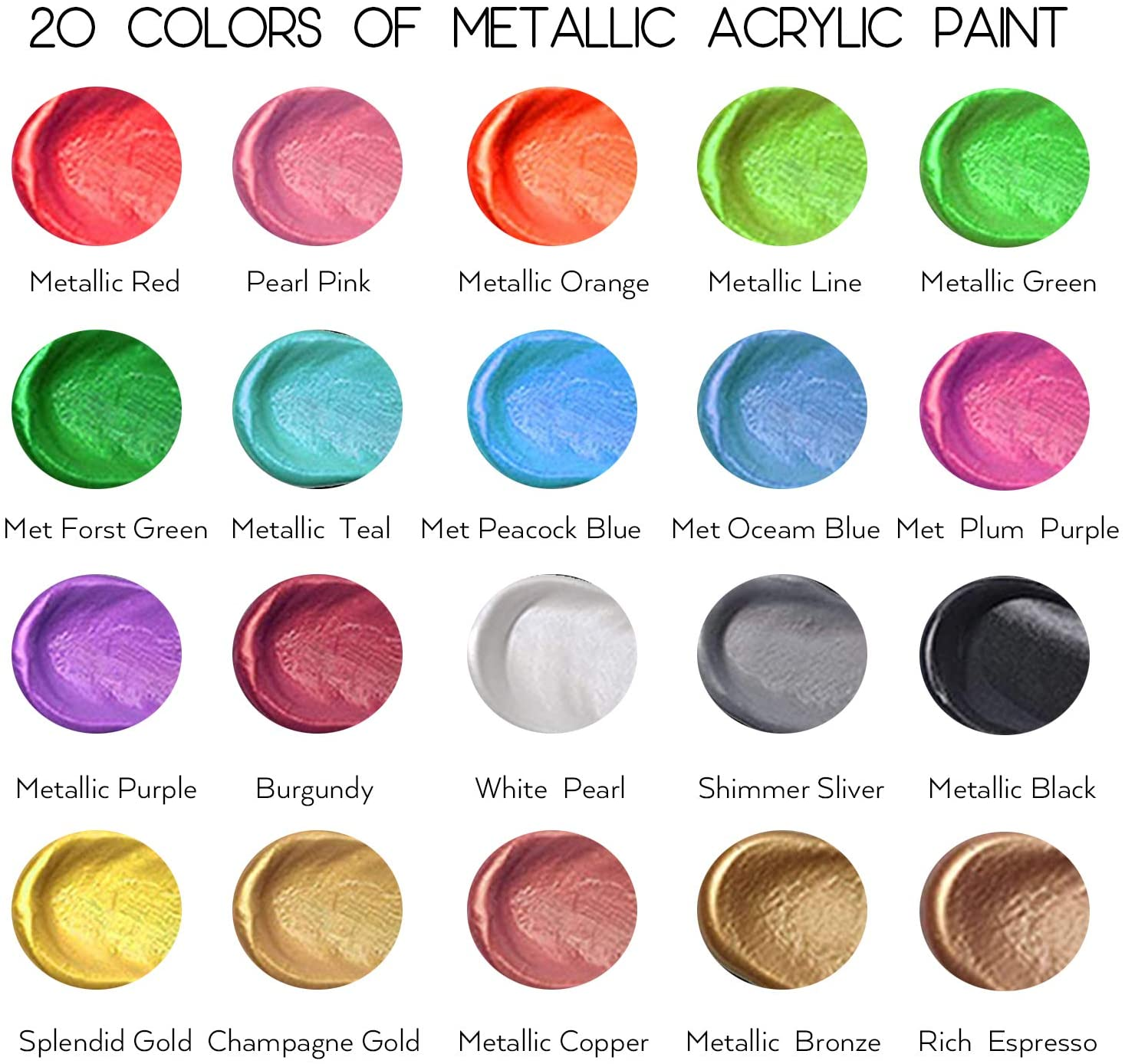 Metallic Acrylic Paint Set of Premium 20 Colors，Professional Grade ...