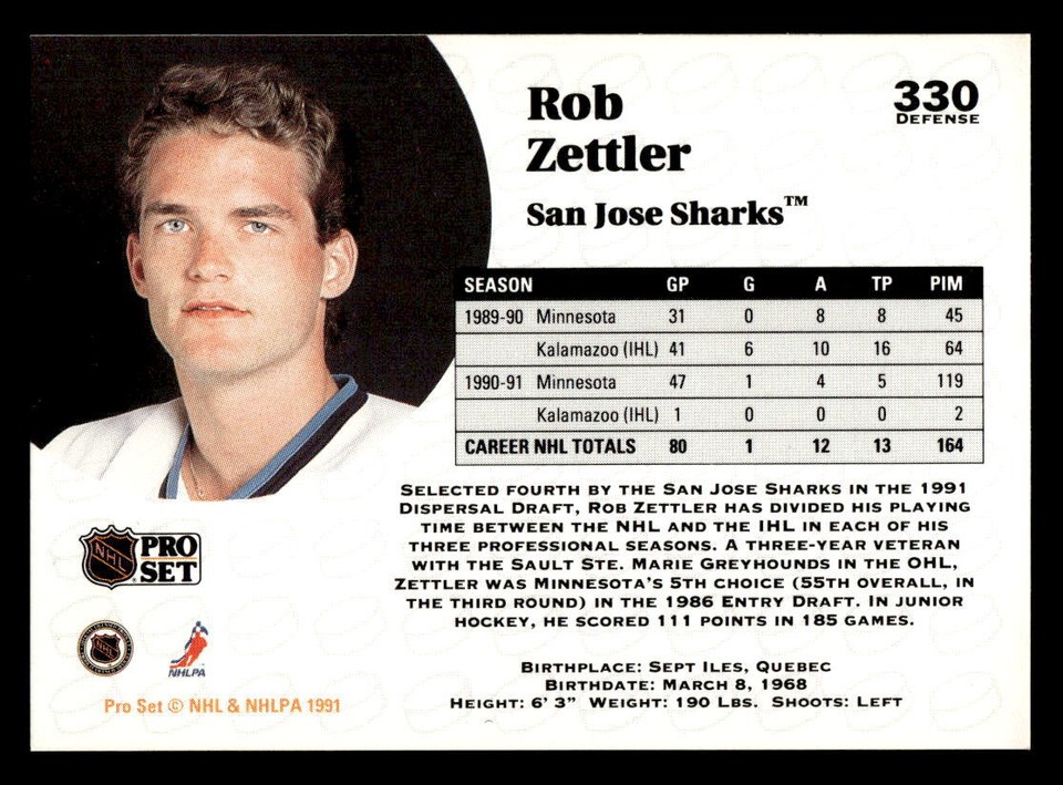 Rob Zettler 1991 Pro Set #330 San Jose Sharks | eBay