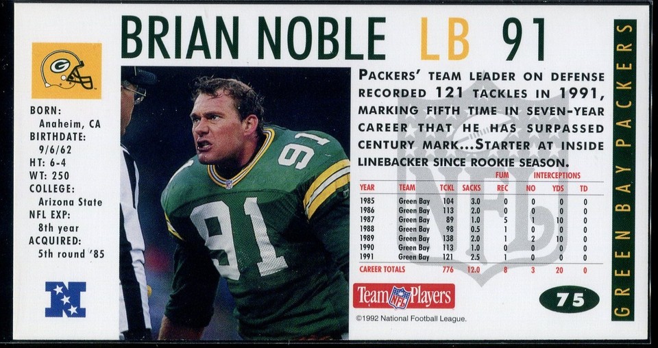 1992 Fleer Tall Boy Brian Noble #75 Green Bay Packers | eBay