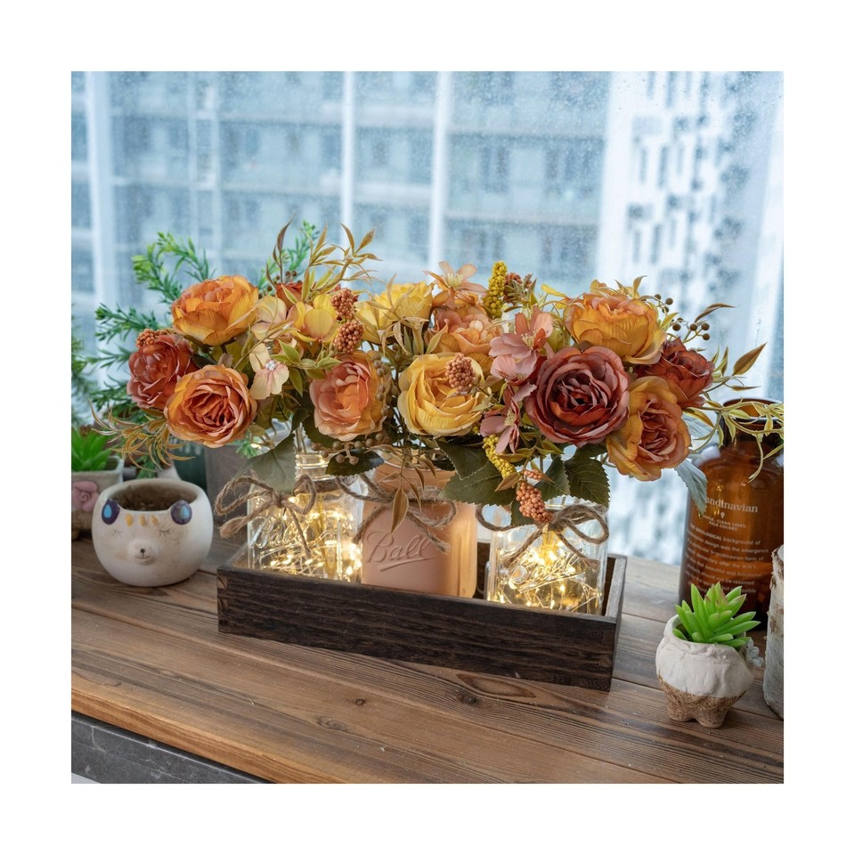 3PCS Artificial Fall Flowers in Mason Jars with Rustic Wood Tray ...
