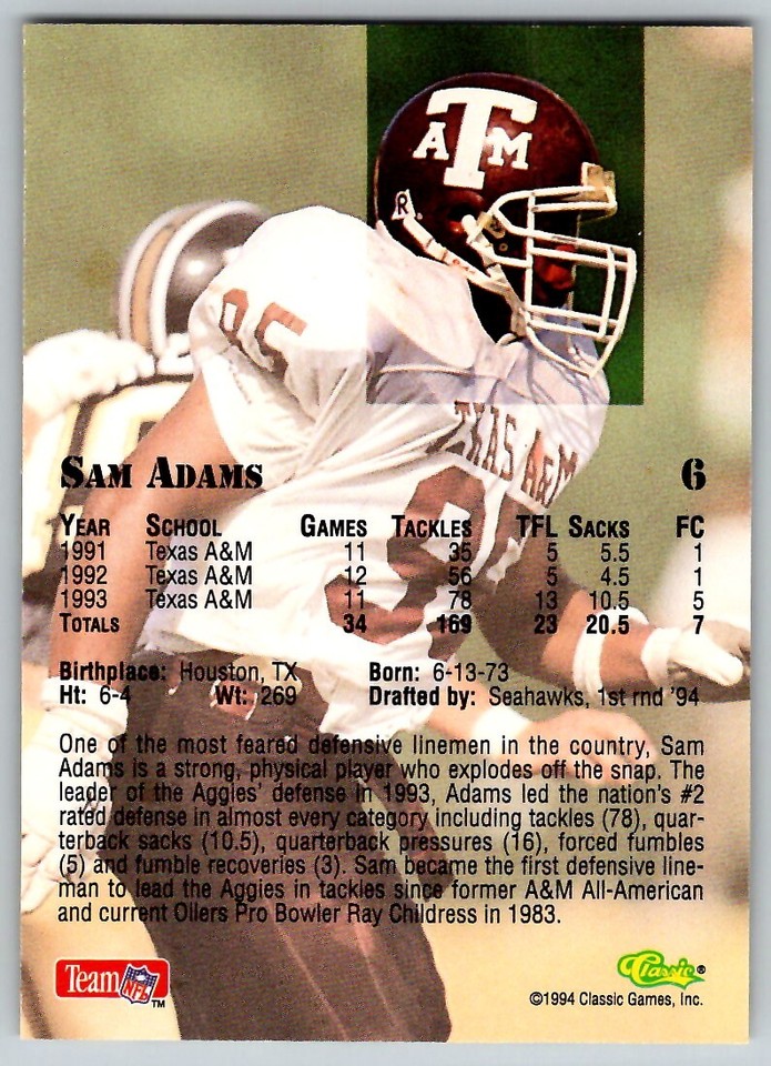 1994 CLASSIC NFL DRAFT GOLD SAM ADAMS SEATTLE SEAHAWKS #6 | eBay