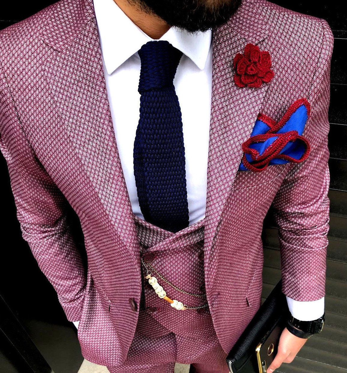 Designer Business Red Checkered Suit Jacket Trousers Vest Fitted Slim ...