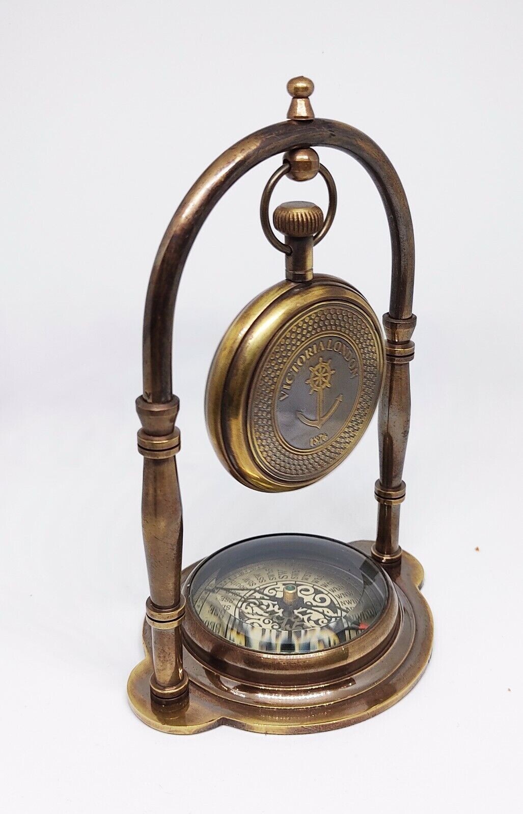 Nautical Antique Brass Victorian Table Clock with Compass on Base Home ...