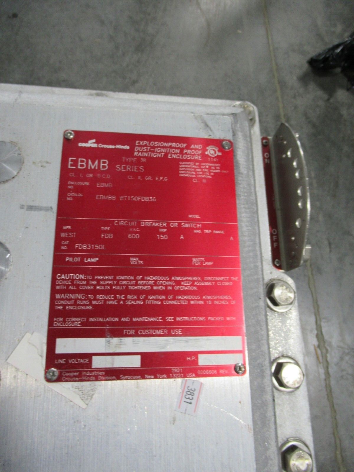 Eaton Crouse-Hinds EBMBB WT150FDB36 Explosion Proof Enclosure ...