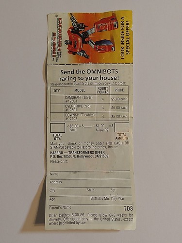 1985 Transformers OmniBots Order Form Rare Hasbro Camshaft, Overdrive ...