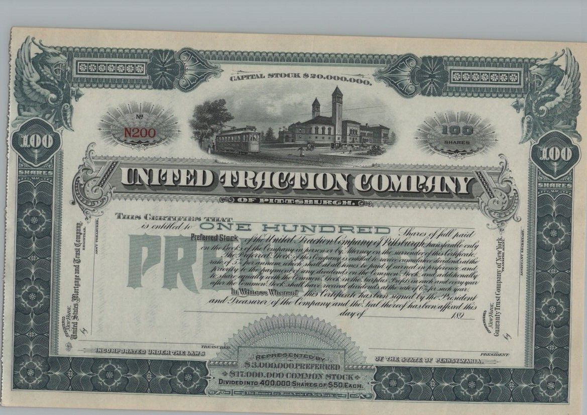 UNITED TRACTION COMPANY....1890'S UNISSUED PREFERRED STOCK CERTIFICATE ...