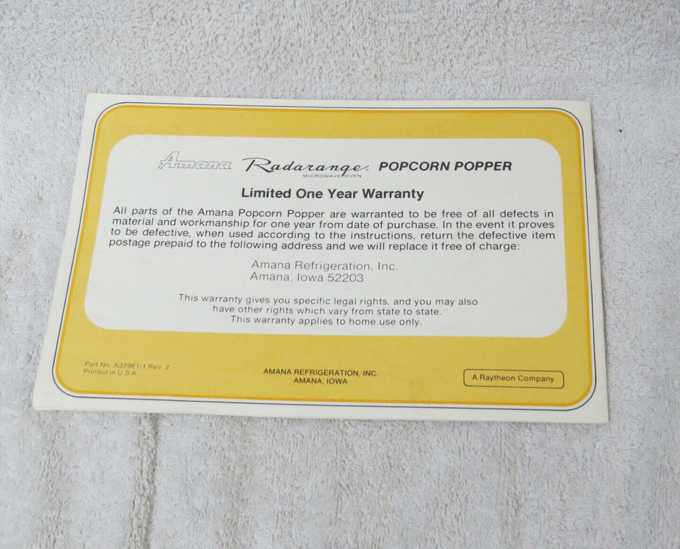 Vintage MANUAL BOOKLET - Amana RADARANGE Microwave POPCORN POPPER MWP-1 ...