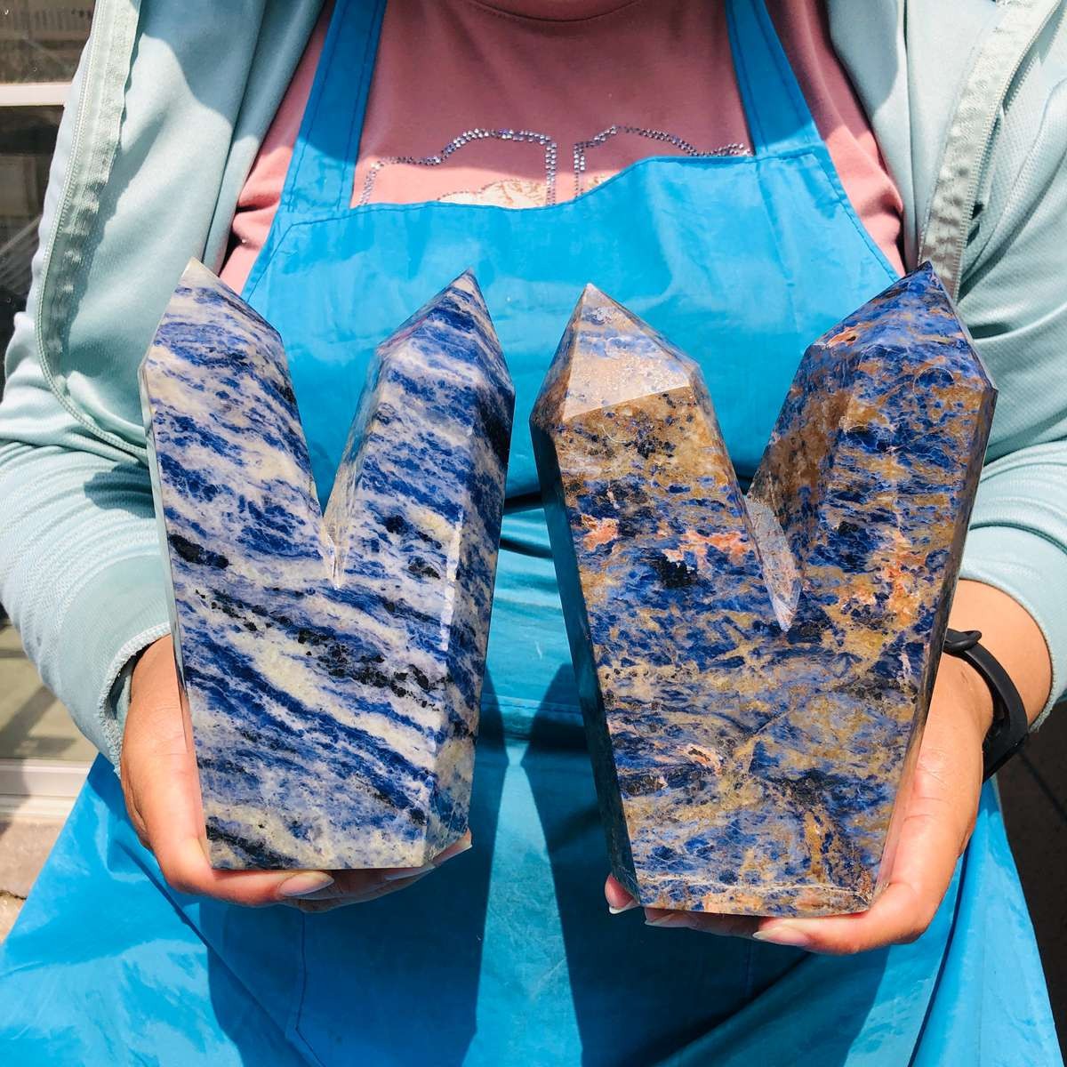 2 pieces 2510g Natural Blue Vein Stone multiple Pointed Pillars ...