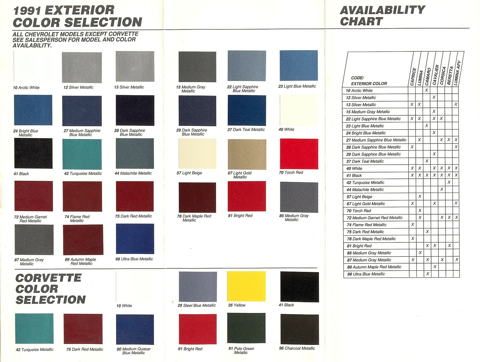1991 Chevrolet Corvette Camaro Caprice Factory Colors Paint Chips 1991-chevrolet-corvette-camaro-caprice-factory-colors-paint-chips