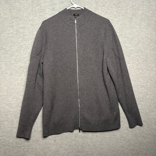 HUGO BOSS Slim Fit Cotton Wool Zip Up Sweater Gray Ribbed Knit Mock ...