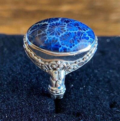 Sarda,Bali Handmade,Sterling &Fossilized Blue Coral Ring -Bamboo Motif ...