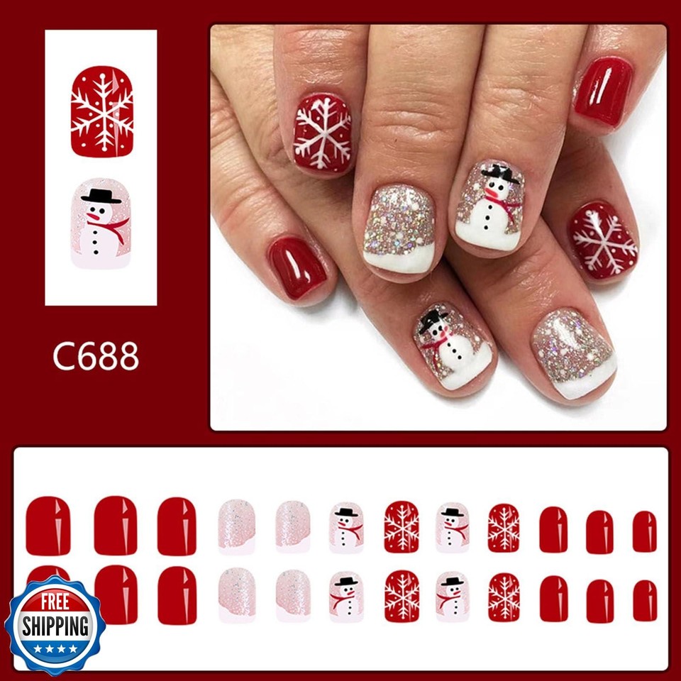 Christmas Press on Short Fake Nails With Snowman Snowflake Design | eBay
