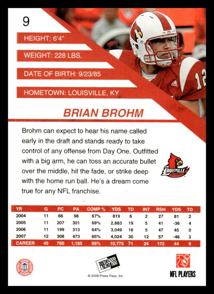 Brian Brohm 2008 Press Pass SE #9 Louisville Cardinals IP Auto Football ...