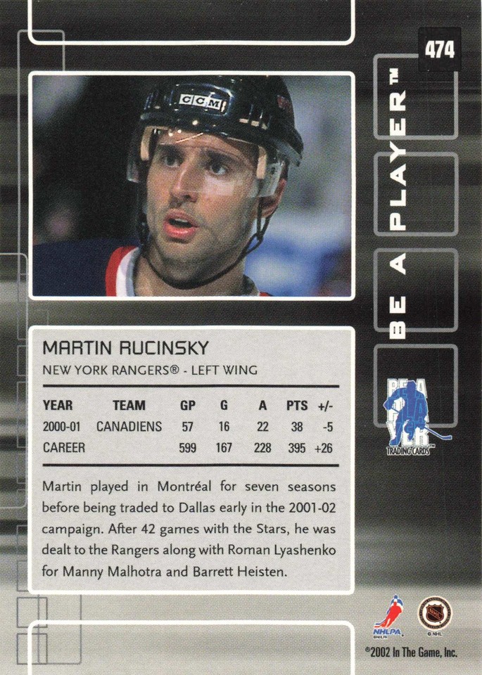 Martin Rucinsky 2001 Be a Player Memorabilia #474 New York Rangers | eBay