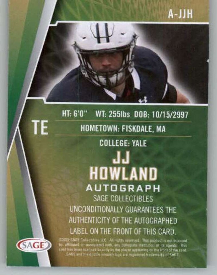 2022 Sage High Series Autographs Black #A-JJH Jj Howland RC Rookie AUTO ...