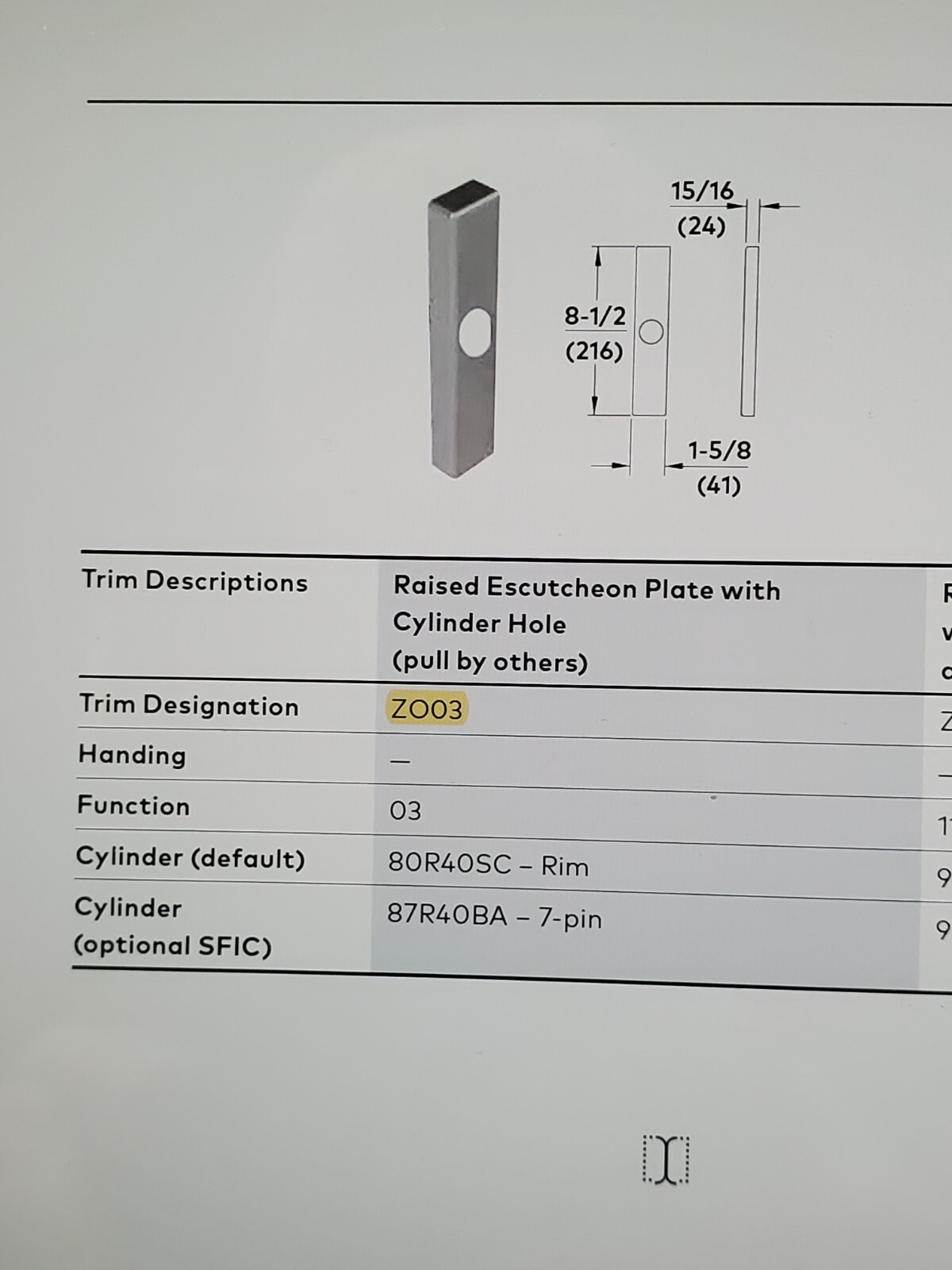 Dorma 9000 Exit Device Trim, ZO03, Raised Escutcheon Plate, 630 Finish ...