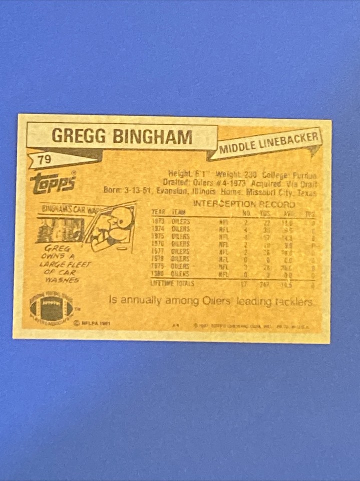 1981 Topps - #79 Gregg Bingham. Houston Oilers | eBay