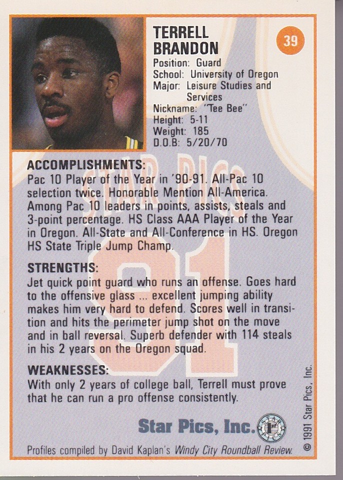 Terrell Brandon 1991 Star Pics #39 Cleveland Cavaliers ROOKIE RC | eBay
