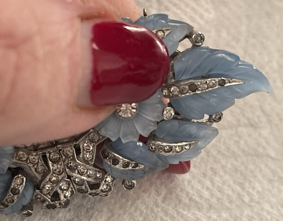 VINTAGE JOMAZ DUETTE ART DECO SIGNED BLUE PASTE FLORAL BROOCH DRESS FUR ...