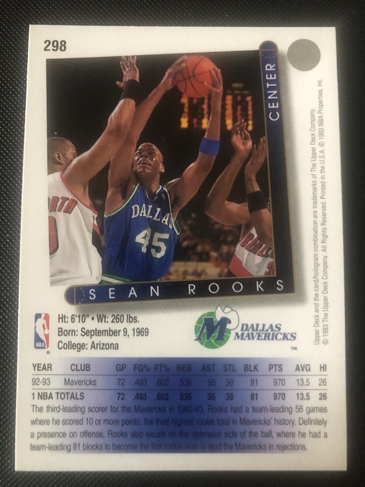 1993-94 Upper Deck Sean Rooks #298 Dallas Mavericks | eBay