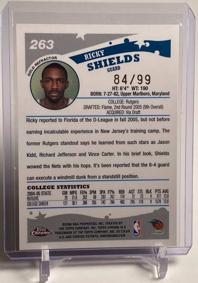 2005-06 Topps Chrome Ricky Shields Gold Refractor Card No. 263 #84/99 W ...