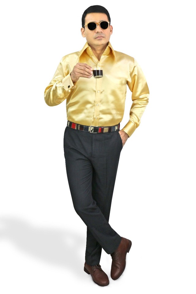 Men's Red Carpet Look Shiny Glossy Shirt Gold Satin 70s High Long ...