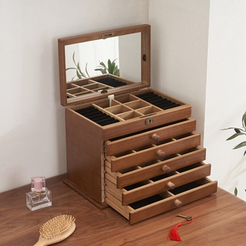 Solid Wood Six-Layer Jewel Box Large Capacity With Lock Earring ...