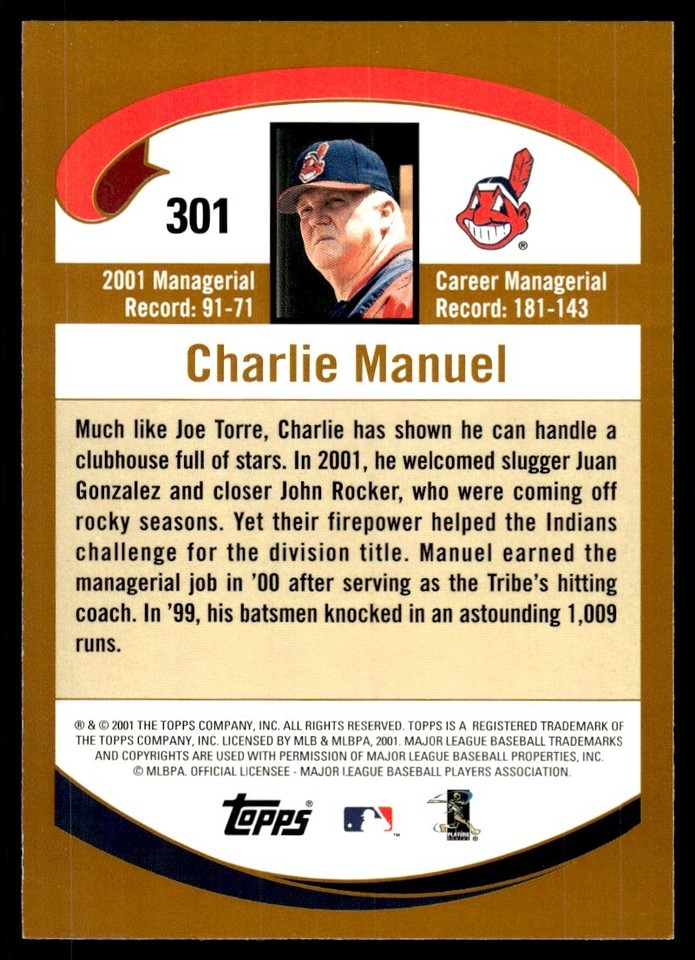 2002 Topps Baseball Card Charlie Manuel AA Cleveland Indians #301 | eBay