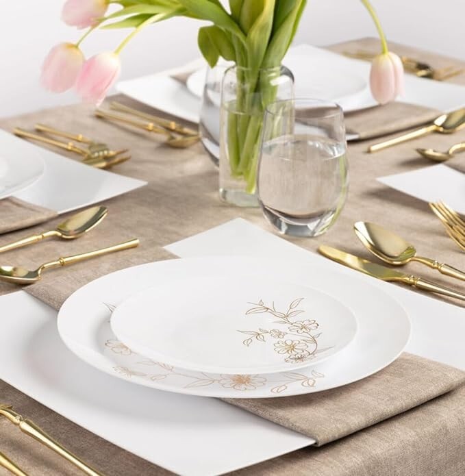 10" Round Disposable China Like White Plastic Plates with Gold Primrose ...