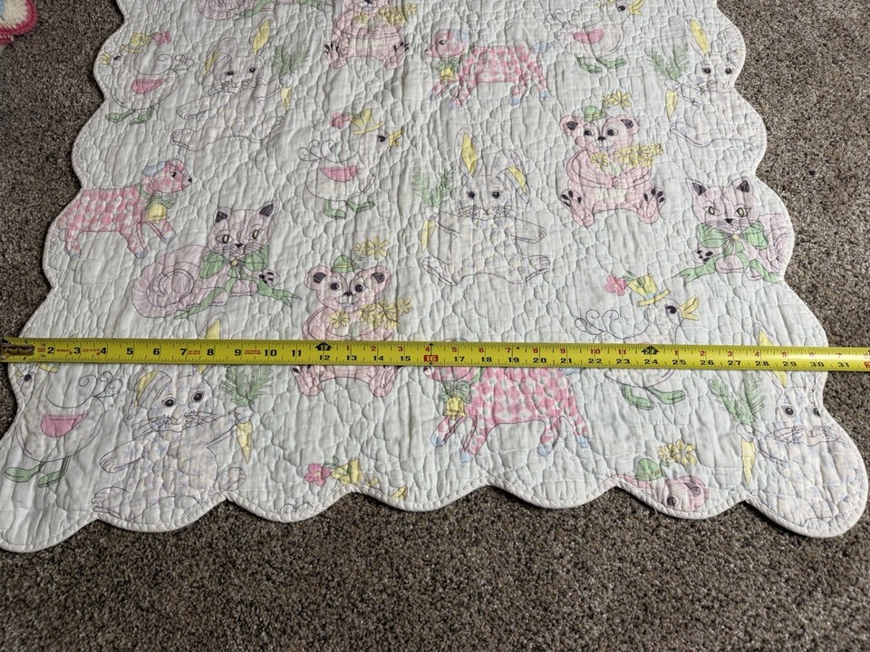 Vintage Baby Blanket Quilted Crib Quilt Pastel Cats Bunnies Nursery 80s ...