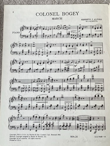 1958 COLONEL BOGEY March Sheet Music THE BRIDGE ON THE RIVER KWAI by ...