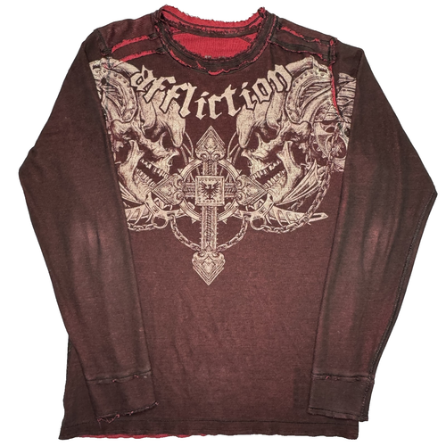 Affliction Reversible Mens Size L Brown Red L/S Graphic Skull Cross ...