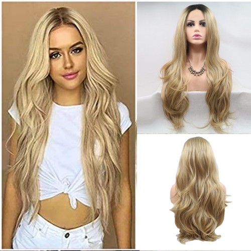 Women Lace Front Wig Gradient Black gradient brown Synthetic Long Wavy ...