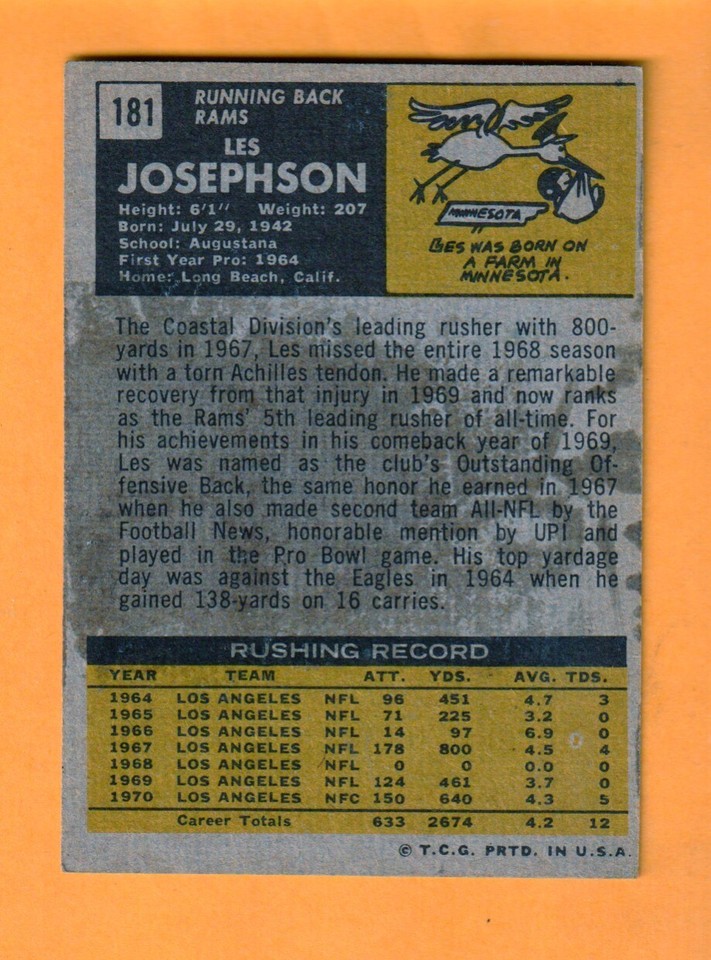 Les Josephson Los Angeles Rams 1971 Topps #181 Minneota Minnesota Gum ...