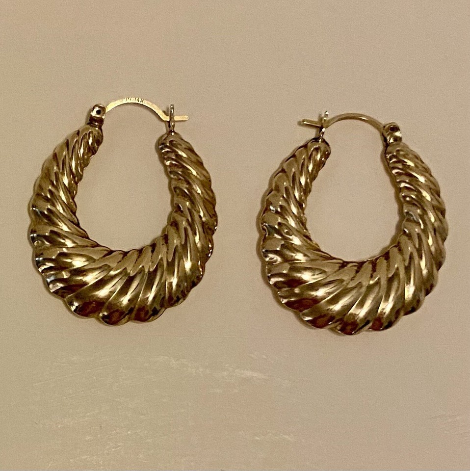 14K Yellow Gold Graduated Puff Shrimp Hoop Earrings 4 Grams | eBay