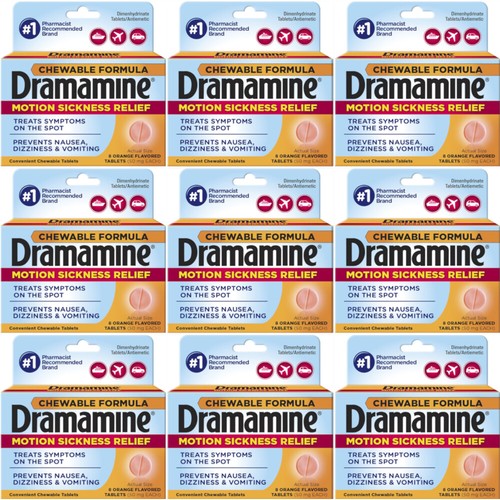 9 Pack Dramamine Motion Sickness Relief, Chewable Tablets Orange Flavor ...