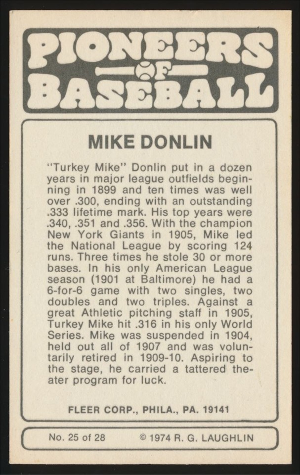 1975 Fleer - Pioneers of Baseball #25 Mike Donlin, New York Giants. | eBay