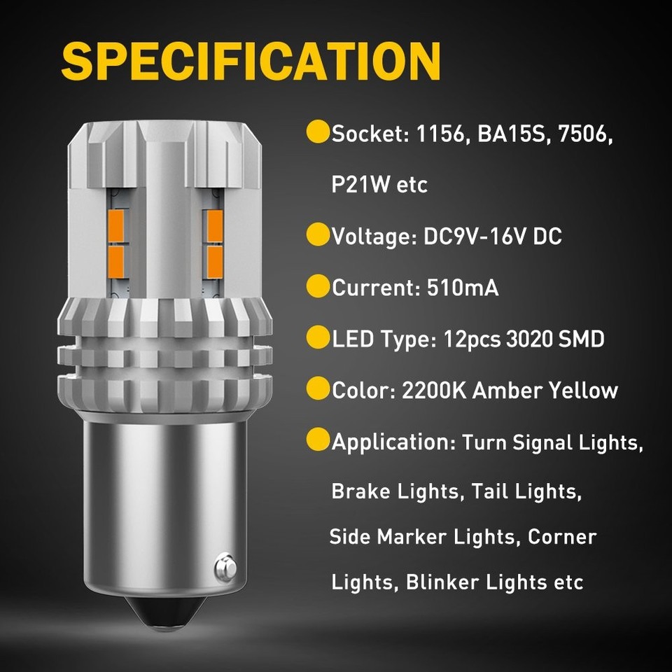 2X Canbus Error Free BAU15S 7507 PY21W 1156 Amber Led Trun Signal Light ...