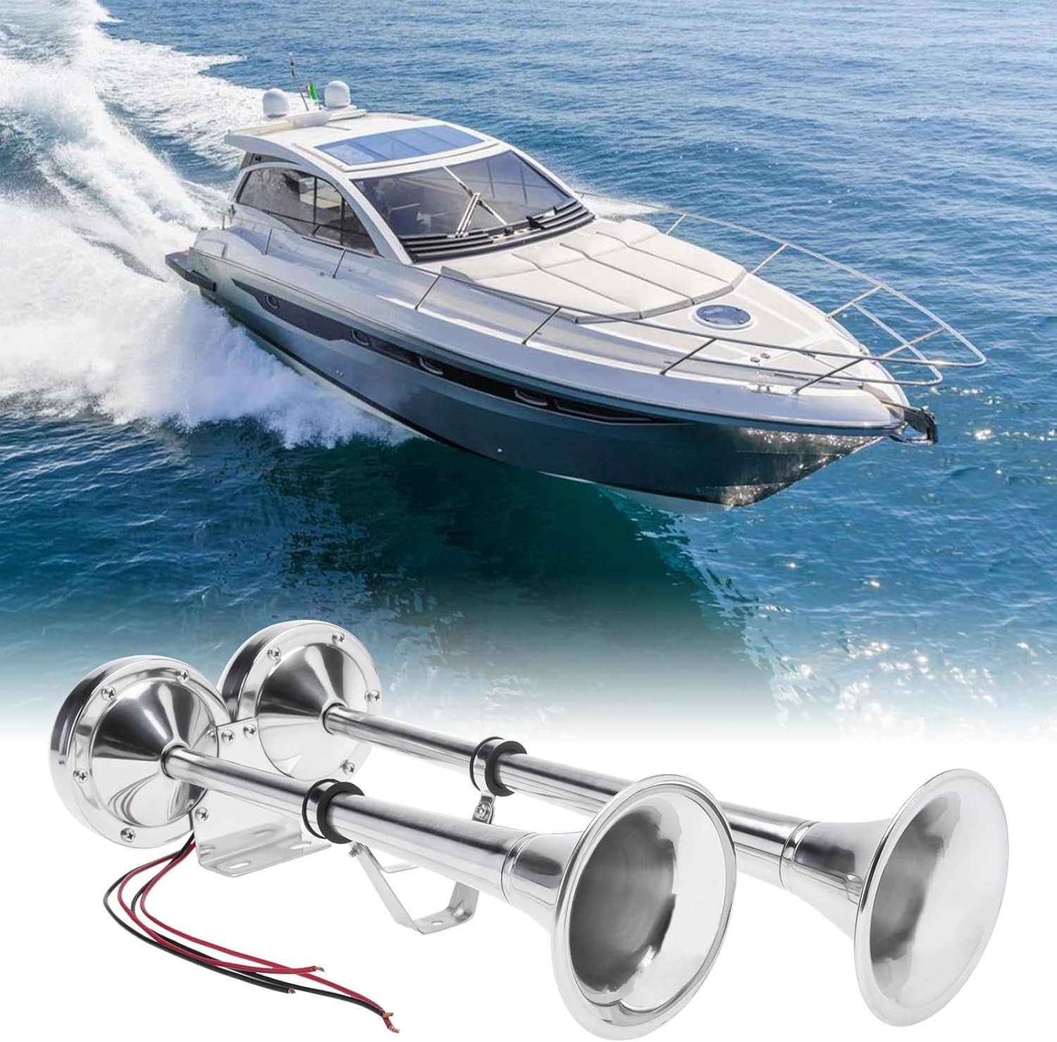 12V Marine Boat Horn 125db Stainless Steel Dual Trumpet Horn Low & High ...