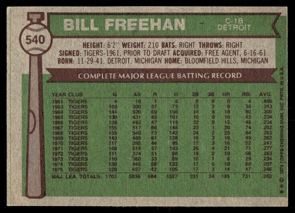 1976 Topps Baseball Card Bill Freehan Detroit Tigers #540 EX-MT+ | eBay