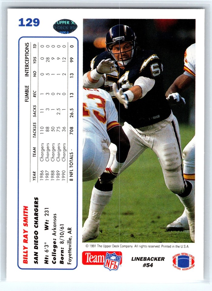 1991 Upper Deck #129 Billy Ray Smith Football San Diego Chargers | eBay