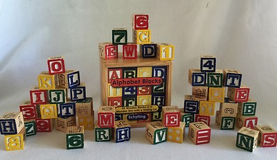 Wooden Alphabet Blocks 48 Pc Set Schylling Storage Box | eBay