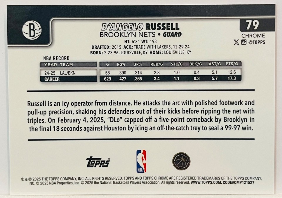 2025-26 Topps Chrome X-Fractor D'Angelo Russell #79 Nets | eBay UK