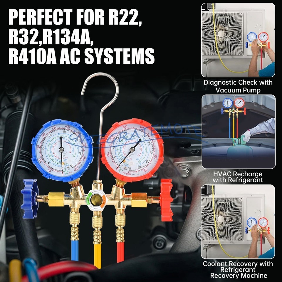AC Manifold Gauge Set 3 Way R134A R12 R410A R22 R32 R404A Refrigeration ...