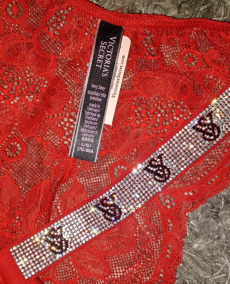 VS shine rhinestone logo strap lace Brazilian panty new size Large Red ...