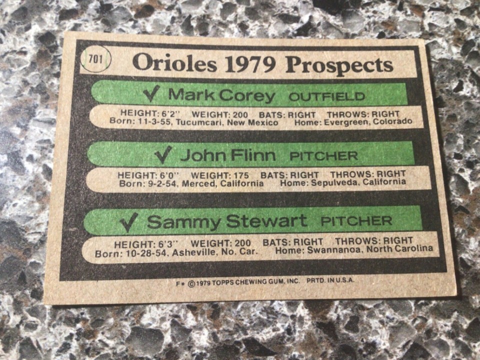 1979 Topps #701 Mark Corey John Flinch Sammy Stewart Orioles Prospects ...